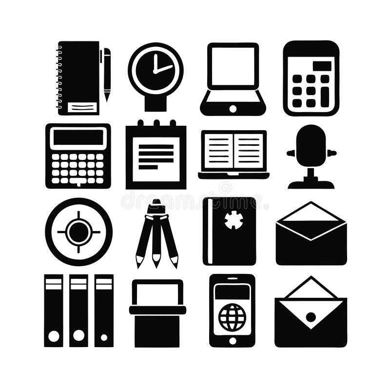 Flat Design of Office Essentials Icons in Black and White Isolated on ...
