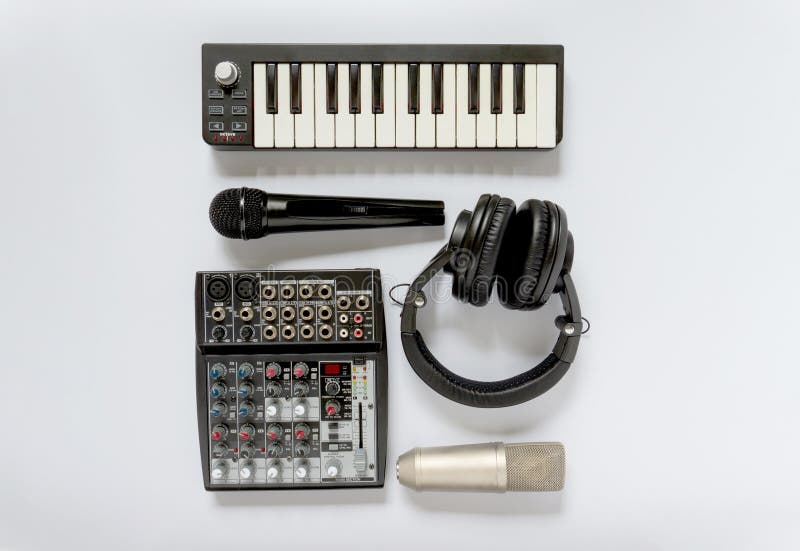 Black and White Flat Lay Composition. Portable and Compact Music Home ...