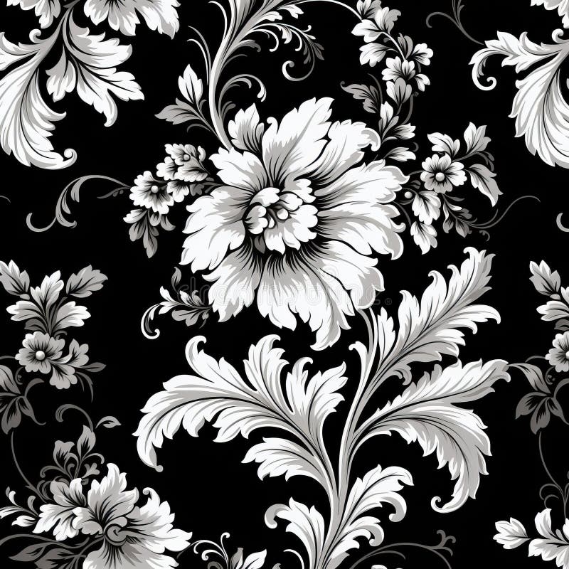 Black and White Floral Brocade: Seamless Vector Pattern with Rococo ...