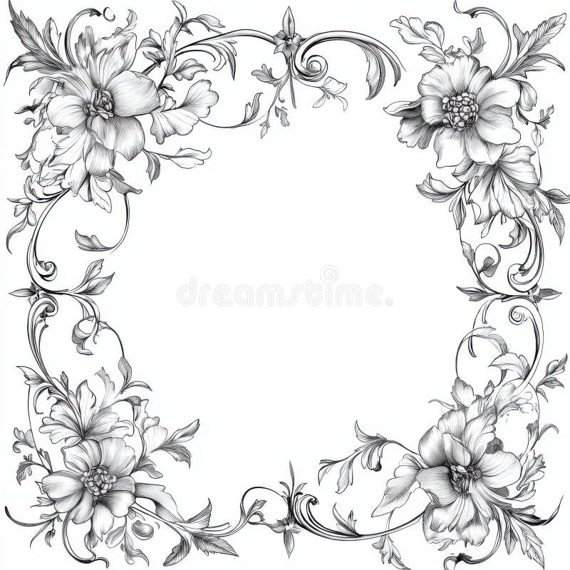 Black and White Floral Frame with Elegant Botanical Elements Stock ...