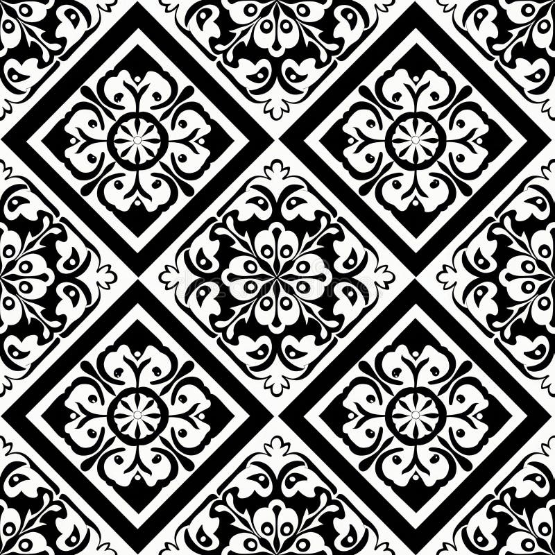 Black and White Floral Pattern with Diamond Shapes Stock Illustration ...
