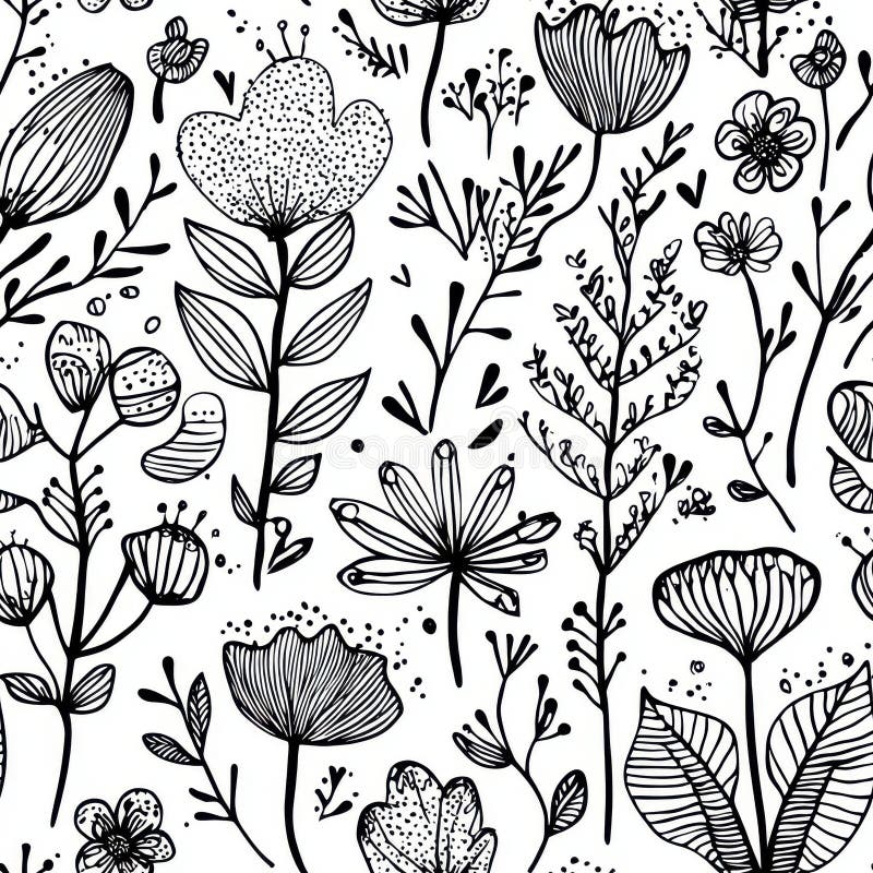 Black and White Floral Pattern with Hand-Drawn Flowers and Leaves Stock ...