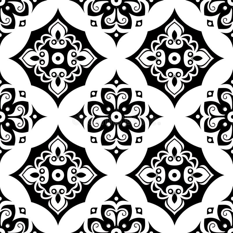 Black and White Floral Pattern Tile Stock Illustration - Illustration ...