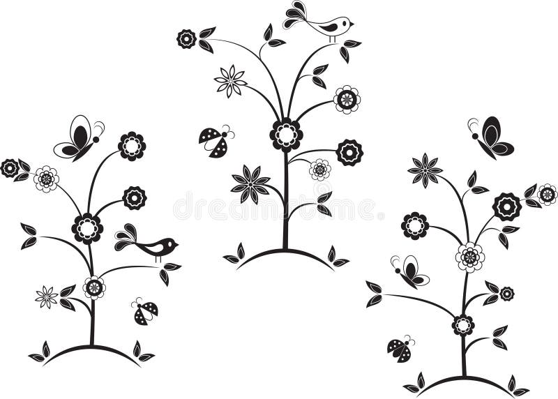 Black and White Flower Trees, Birds, Butterflies, Ladybugs Stock ...
