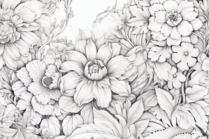 Black and White Flowers Drawing Stock Illustration - Illustration of ...