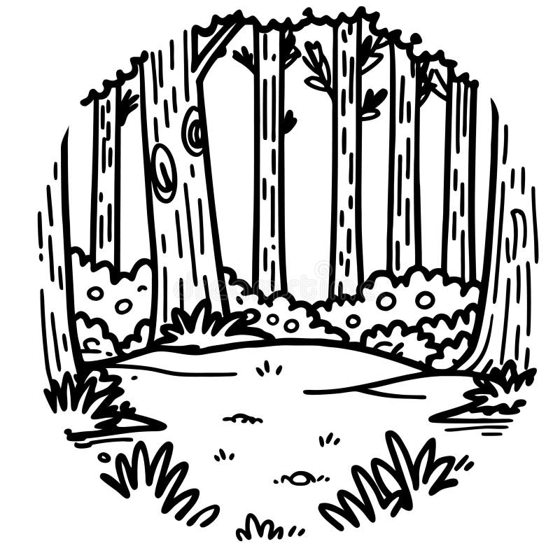 Black and White Forest Illustration with Trees and Bushes in Circular ...