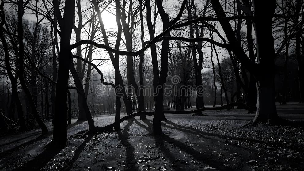 Black and White Forest Scene with Bare Trees and Sunlight Stock ...