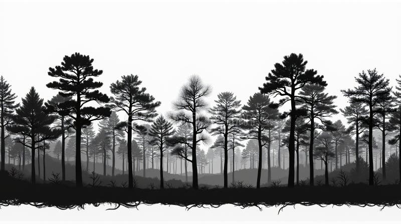 Black and White Forest Tree Line Silhouette Stock Illustration ...