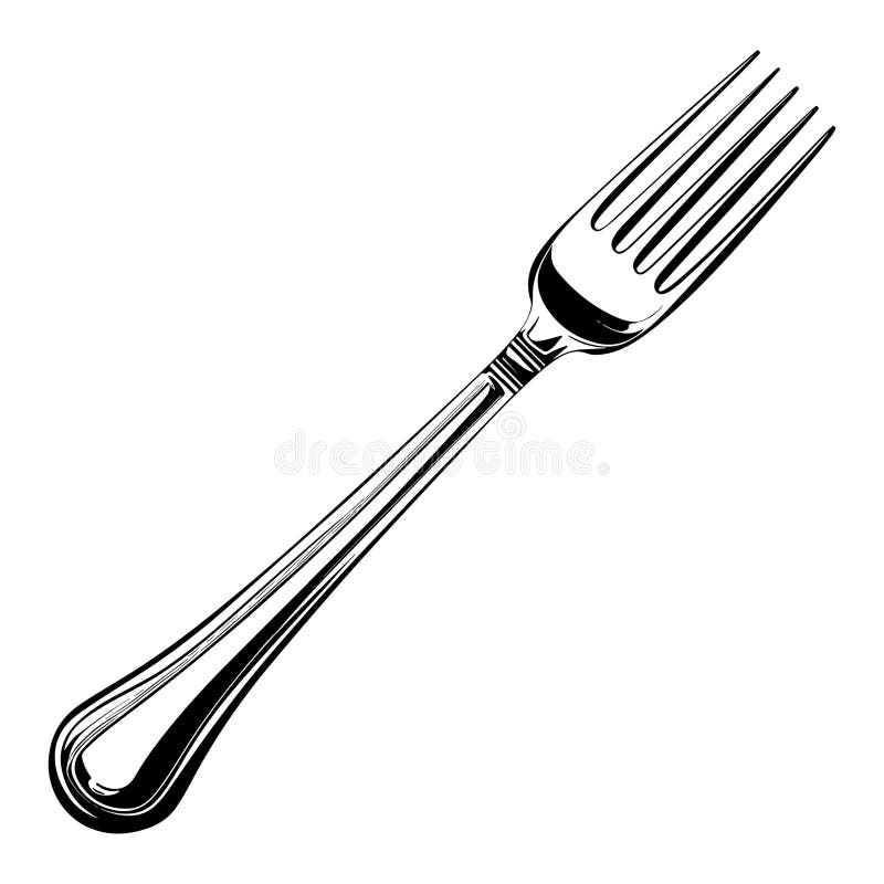 A Black and White Fork Highlighted on a White Background. Doodle, Flat ...