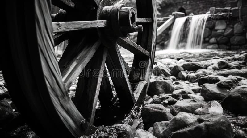 Black and White Frame of an Old Mill Wheel Stock Illustration ...