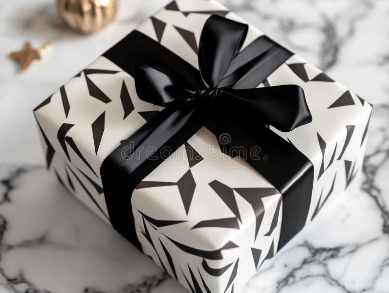 Black and White Geometric Gift Box with Black Bow Stock Illustration ...