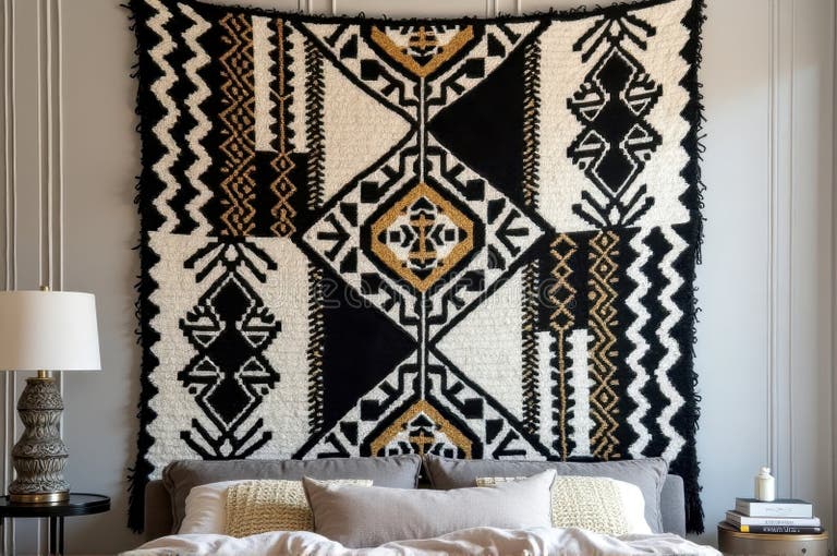 Black and White Geometric Pattern Tapestry Hanging Above a Bed in ...