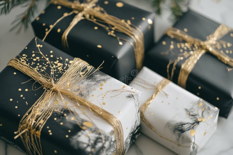 Black and White Gift Boxes with Gold String and Speckles Stock ...