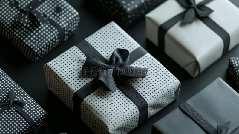 Black and White Gift Boxes with Polka Dot Pattern and Bows Stock ...