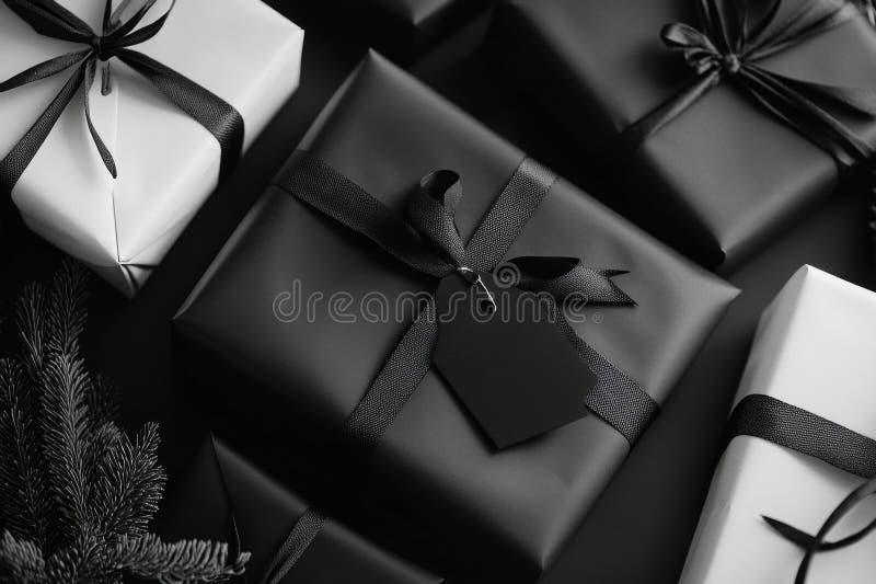 Black and White Gift Boxes with Black Ribbons and a Blank Tag Stock ...