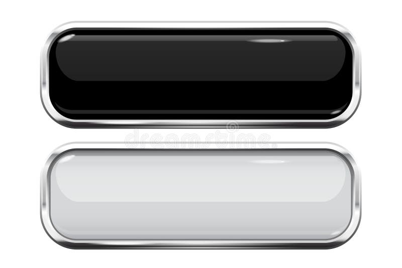 Black and White Glass Buttons. Web 3d Shiny Rectangle Icons with Chrome ...
