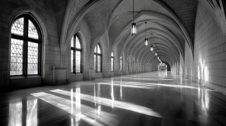 Black and White Gothic Hall with Dramatic Light Rays and Converging ...
