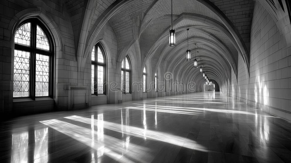 Black and White Gothic Hall with Dramatic Light Rays and Converging ...