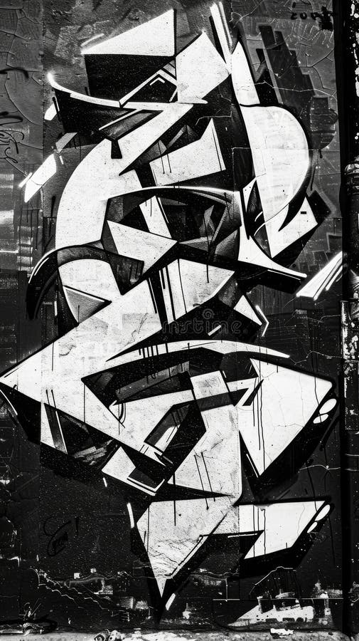 A Black and White Graffiti Piece Featuring Distorted Letters and Shapes ...