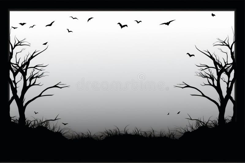 A Black and White Halloween Scene with Trees and Bats Stock ...