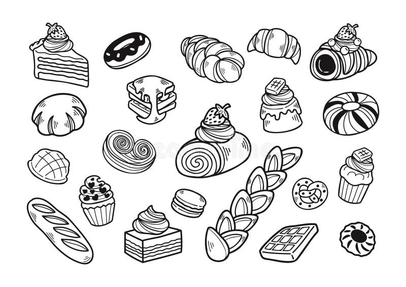 Black and White Hand Drawn Dessert Bakery Collection Stock Vector ...