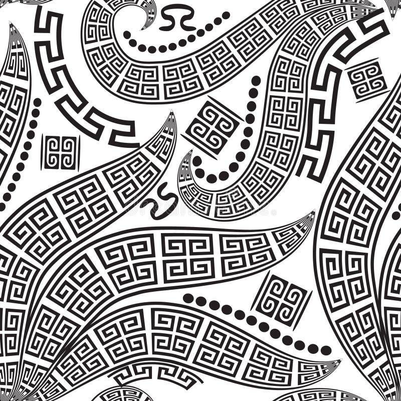 Black and White Hand Drawn Greek Style Floral Seamless Pattern. Tribal ...