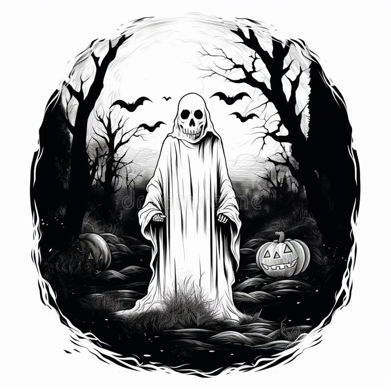 Black and White Hand-Drawn Halloween Ghost Stock Illustration ...