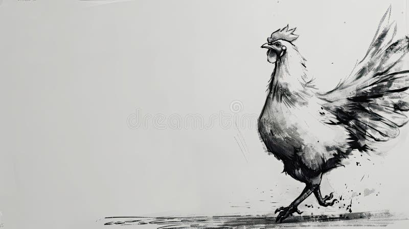 Black and White Hand-drawn Portrayal of a Chicken Mid-flap, Emphasizing ...