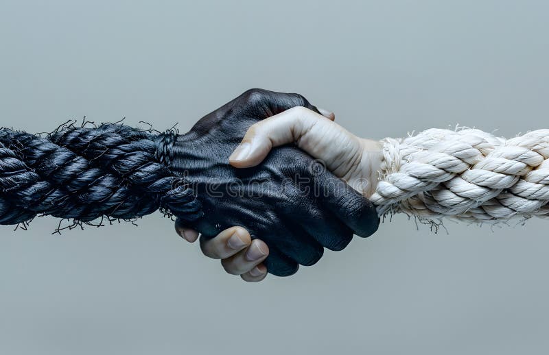 Black and White Hands Shaking with Ropes Unity Cooperation Friendship ...
