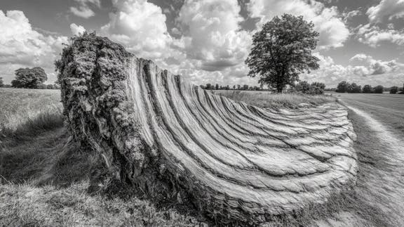 Black and White Hay Bale in a Field with a Tree Stock Illustration ...