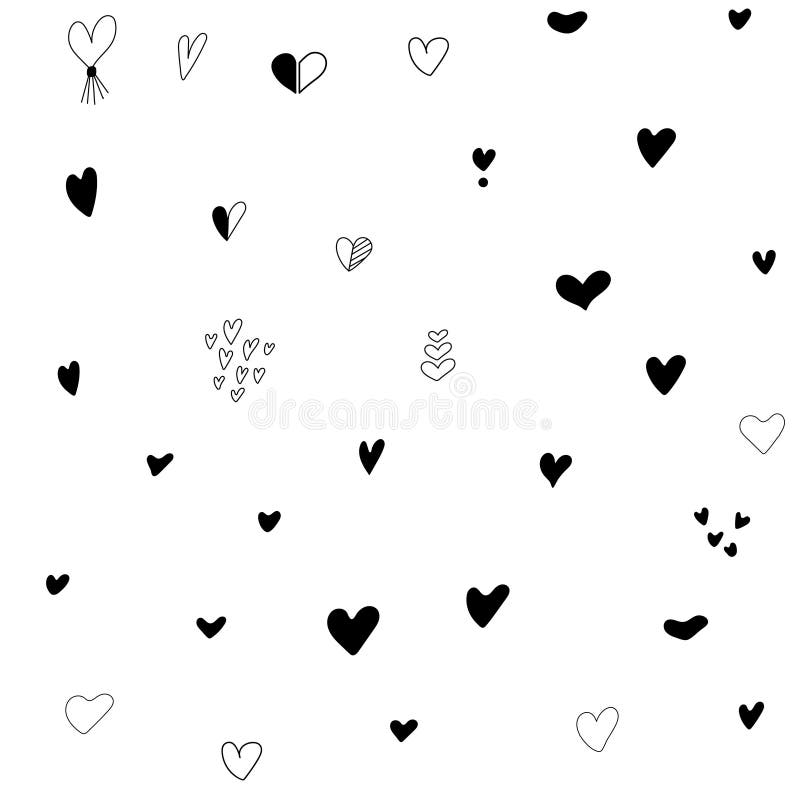 Black and White Hearts Vector Seamless Pattern. Heart Doodles Texture ...