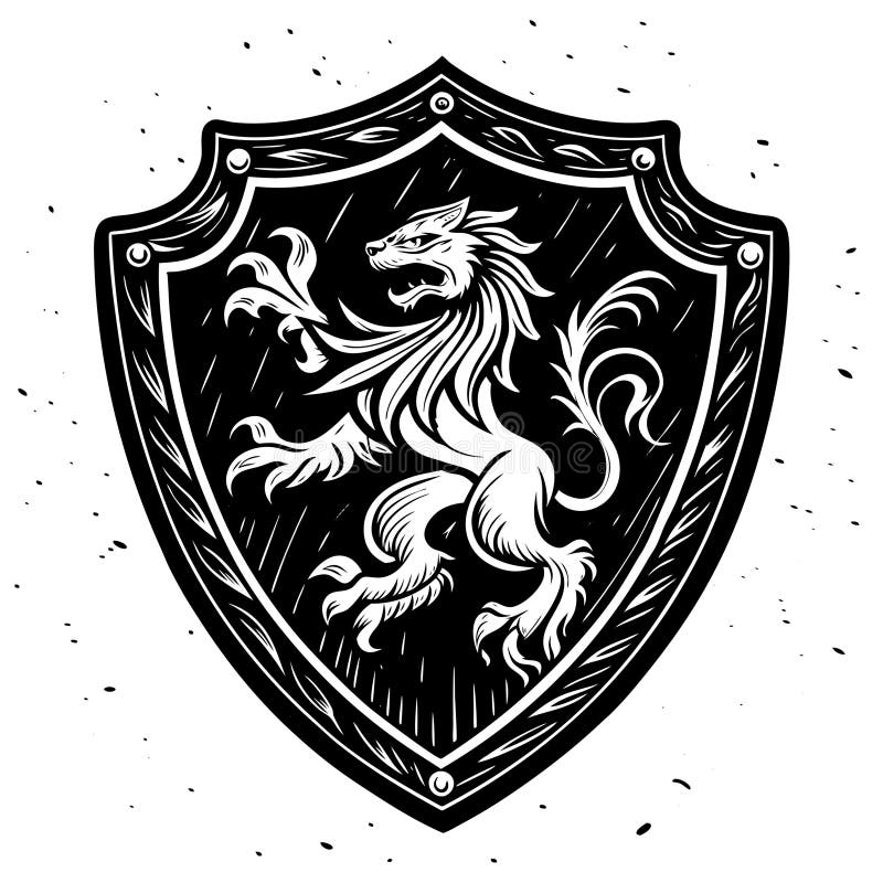 Black and White Heraldic Shield with Majestic Lion Emblem Stock Vector ...