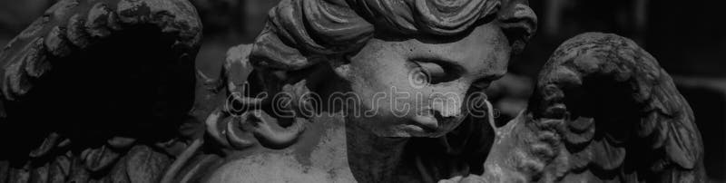 Black and White Horizontal Image of Ancient Statue of Guardian Angel ...