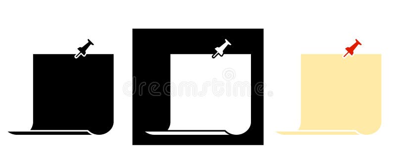 Black and White Icon, Paper Sheet Pinned with a Pin. Reminder, for ...