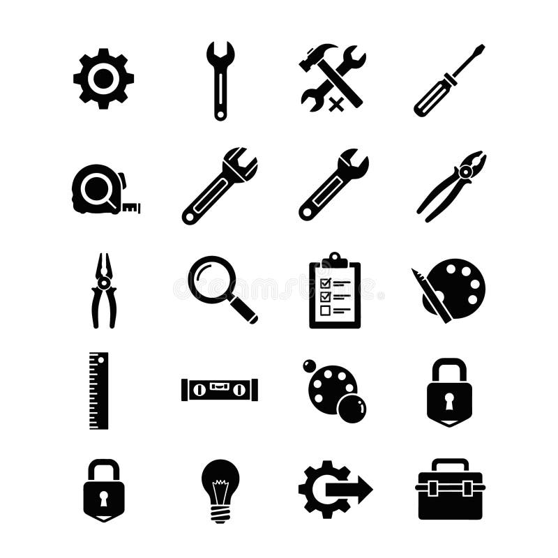 Black and White Icons Representing Tools and Objects for Various Tasks ...