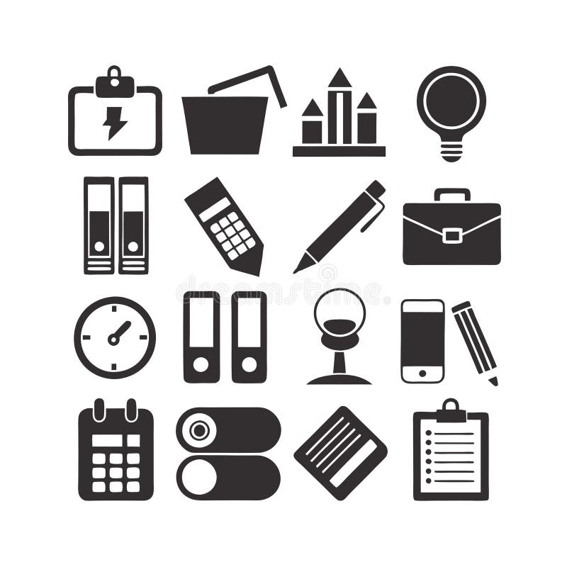 Black and White Icons Set Representing Business Tools and Objects for ...