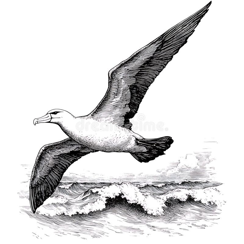 Black and White Illustration of an Albatross in Flight Over Ocean Waves ...