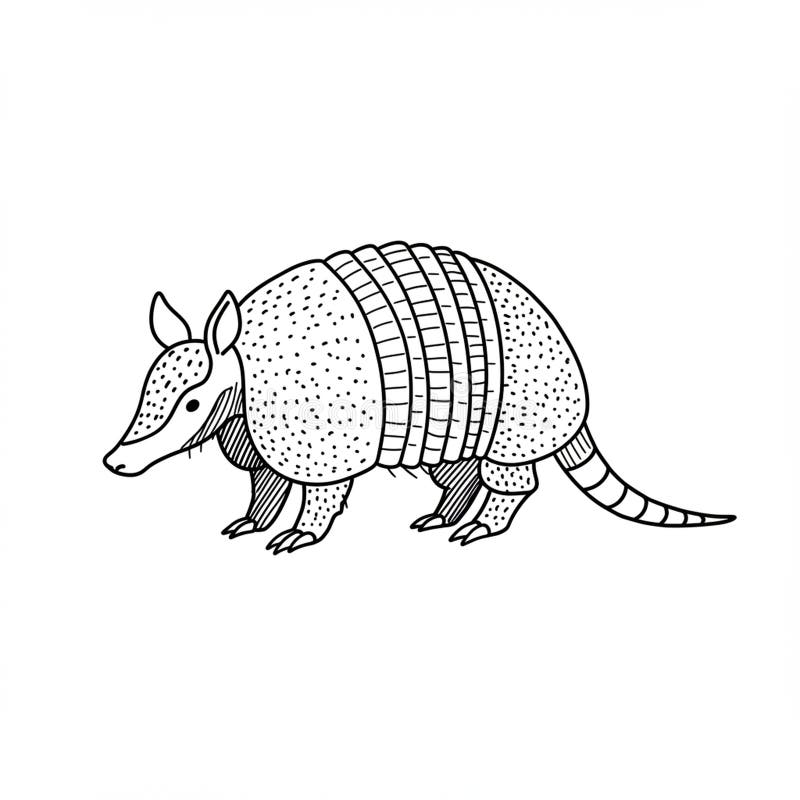 Black and White Illustration of an Armadillo, Featuring a Distinctive ...