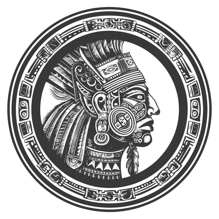 Intricate Aztec Warrior Profile in Circular Frame, Ancient Tribal ...