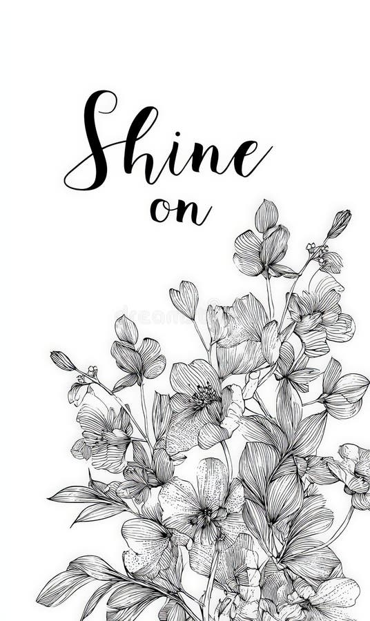 Black and White Illustration of Blooming Flowers with the Phrase Shine ...