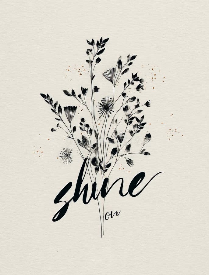 Black and White Illustration of Blooming Flowers with the Phrase Shine ...