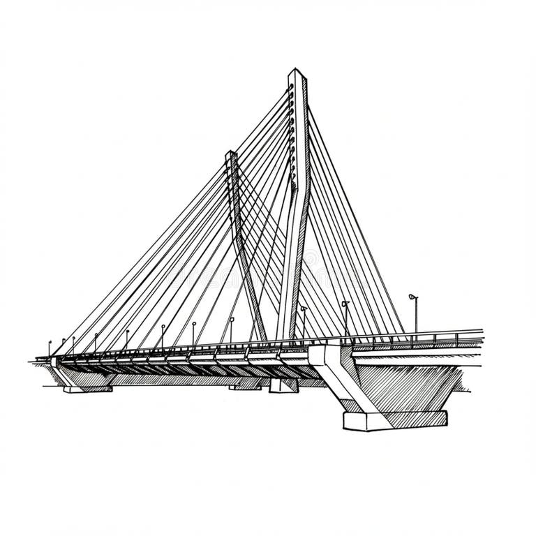 Black and White Illustration of a Cable-stayed Bridge. the Bridge ...