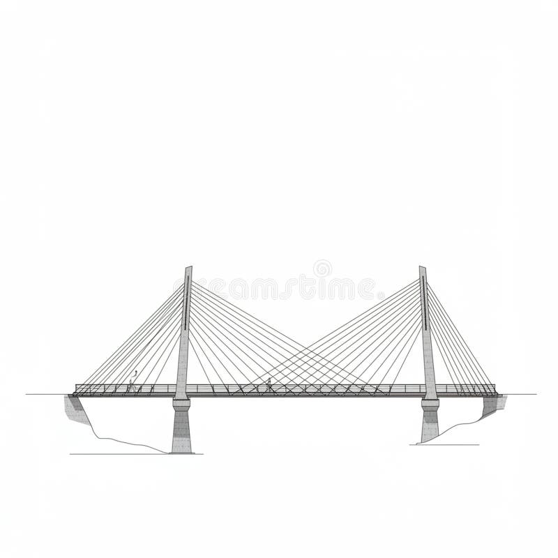 A Black-and-white Illustration of a Cable-stayed Bridge Features Two ...