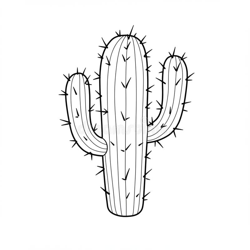 Black and White Illustration of a Cartoon-style Cactus with Multiple ...