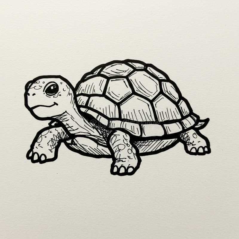 Black and White Illustration of a Cartoon Tortoise with a Detailed ...