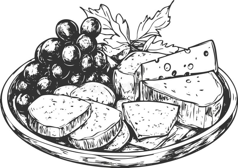 Black and White Illustration of a Cheese and Grape Platter. Stock ...