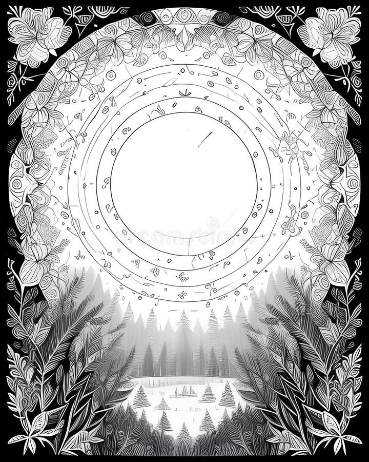 Black and White Illustration of a Clock with a Forest in the Background ...