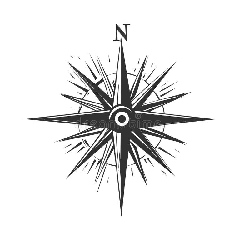 Black and White Illustration of a Compass Rose Symbol with North ...