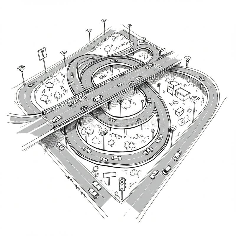 A Black and White Illustration of a Complex Highway Interchange ...