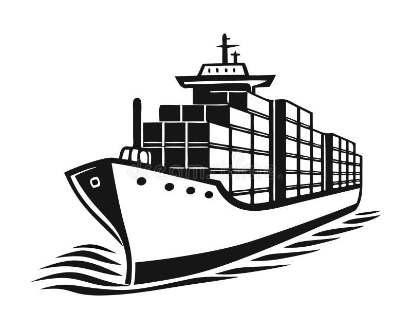 A Black and White Illustration of a Container Ship at Sea Carrying ...